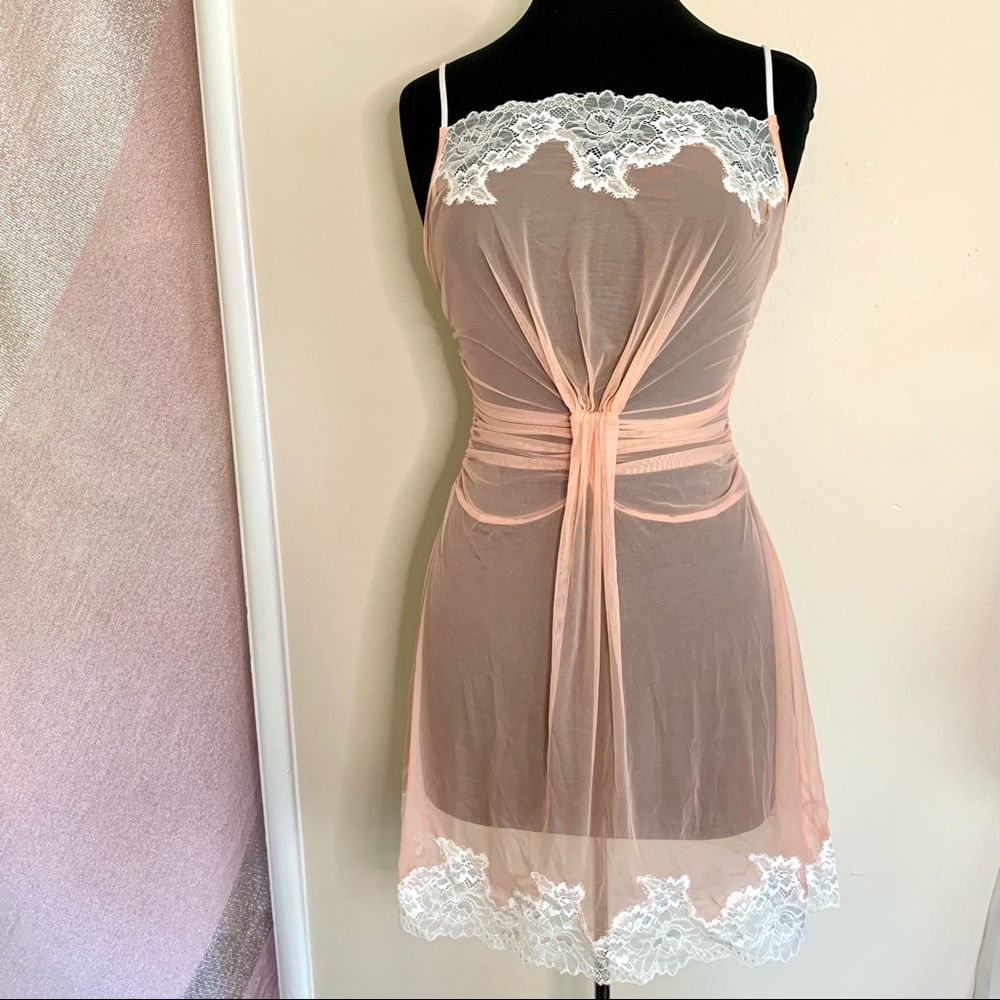 Mesh Ruched Slip Lace Trim Lingerie Sheer Pink - Gem